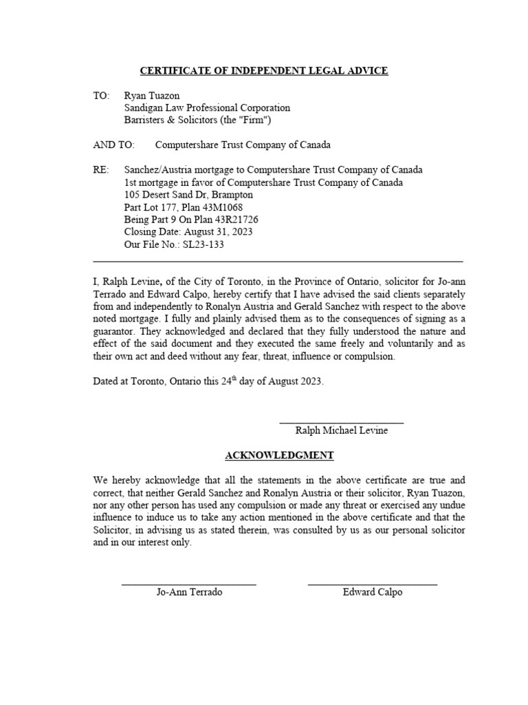Independent Legal Advice Certificate | PDF