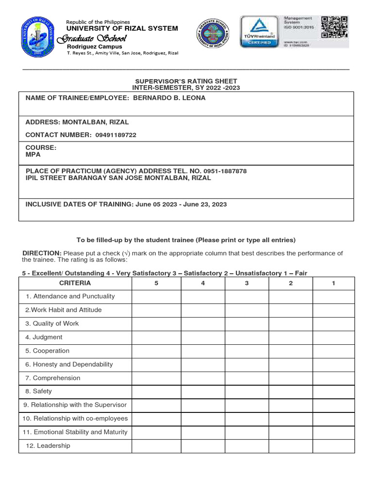 Supervisor Rating Sheet for Trainees | PDF | Business