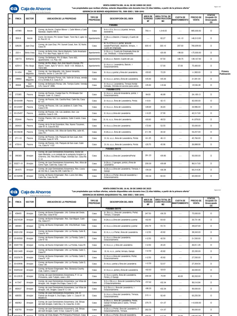 Listado Venta Bienes Adquiridos Casas Apartamentos 16 Al 30 Junio 2023 | PDF