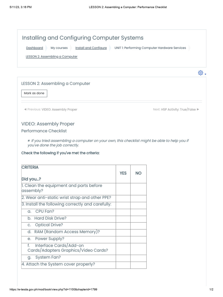 LESSON 2 - Assembling A Computer - Performance Checklist | PDF ...