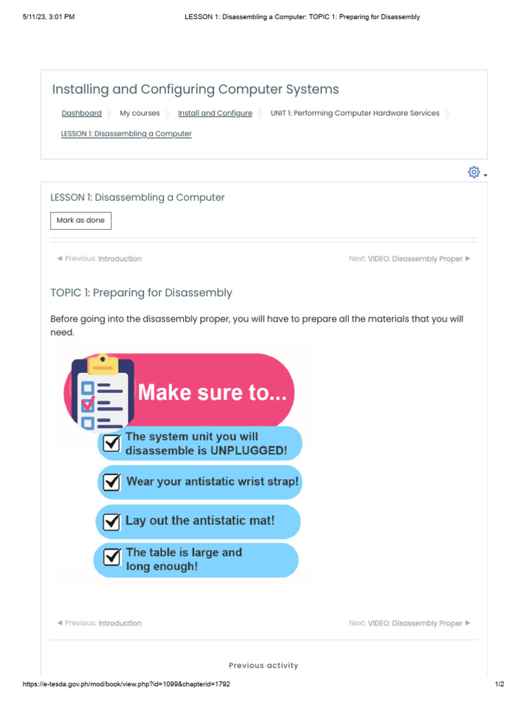 LESSON 1 - Disassembling A Computer - TOPIC 1 - Preparing For Disassembly | PDF