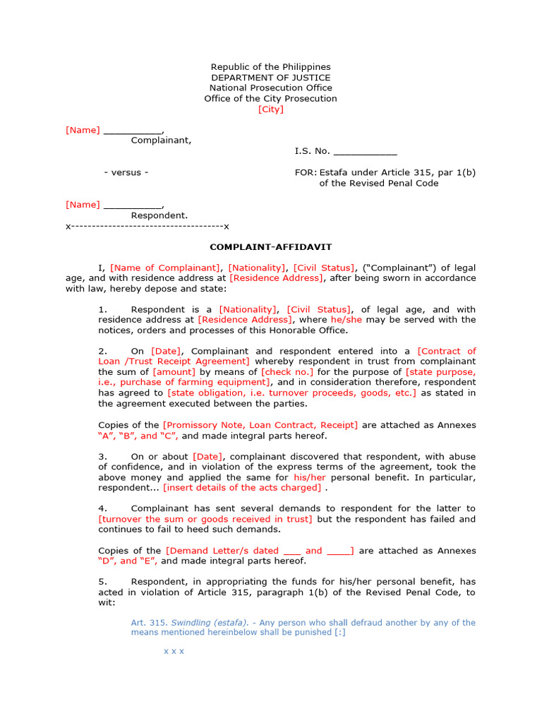 Complaint Affidavit For Estafa by Means of Unfaithfulness or Abuse of ...