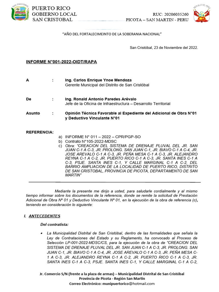 01 Informe Conformidad Adicional Deductivo Vinculante | PDF | Presupuesto | Regulación