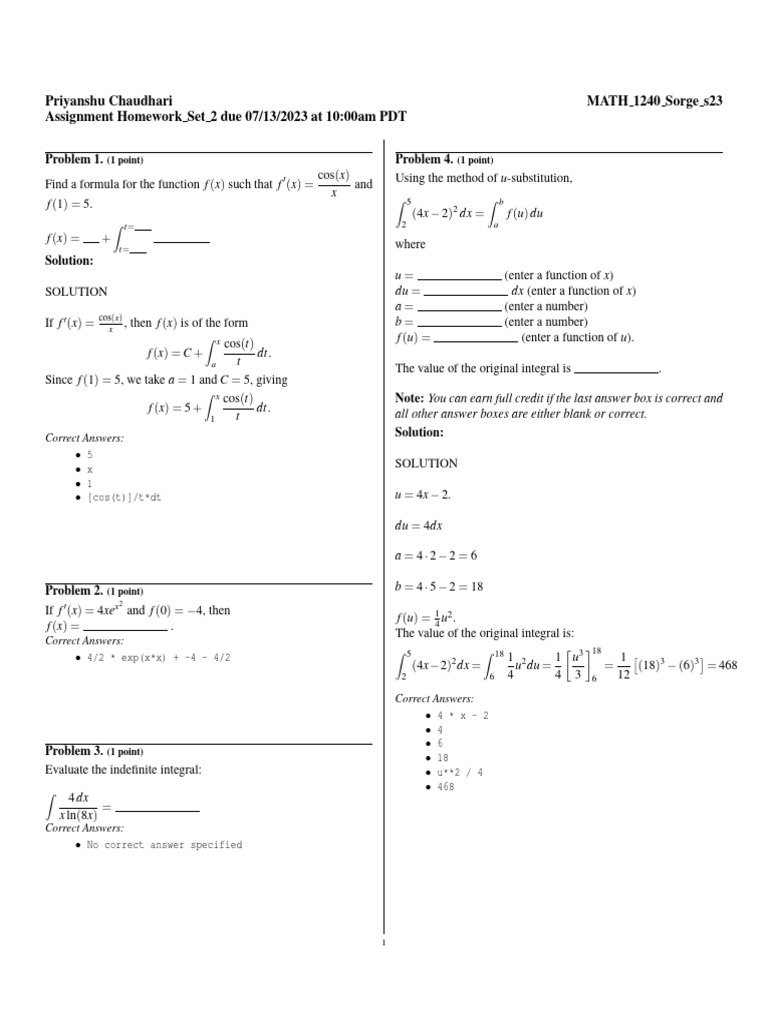 MATH 1240 Sorge s23.T00727646.Homework Set 2 | PDF | Area | Velocity