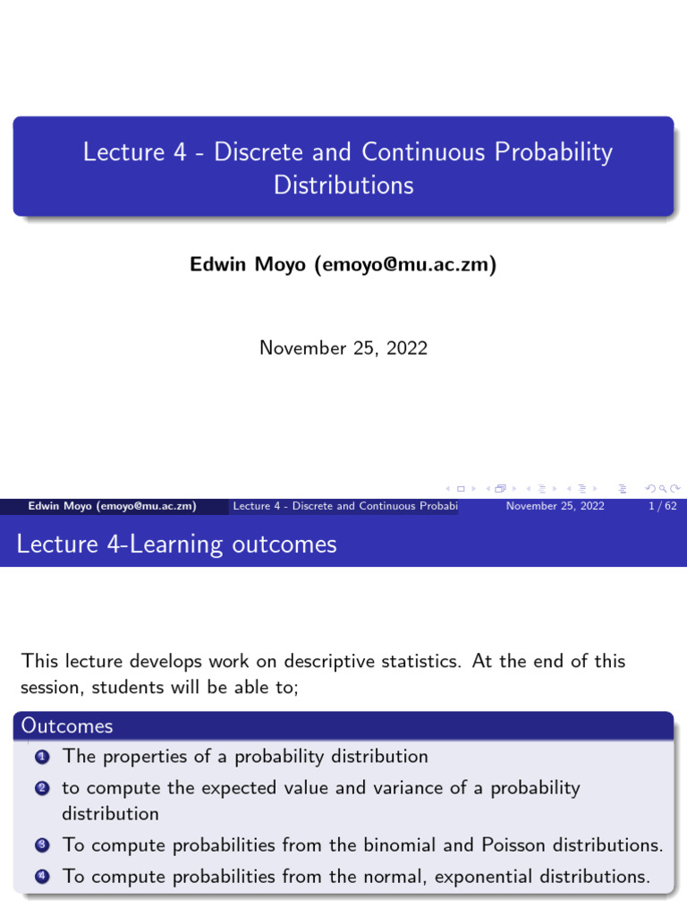Lecture 4 - Dicrete and Continuous Rvs and Their Distributions | PDF | Probability Distribution ...