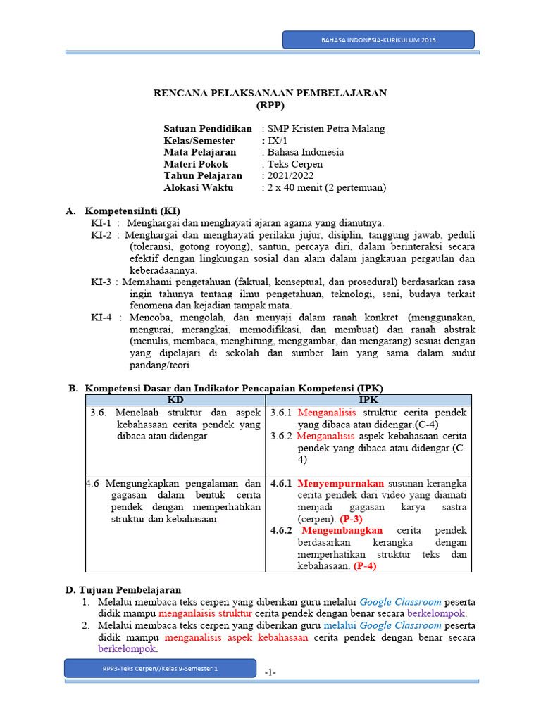 Contoh RPP Cerpen LKPD Lengkap | PDF