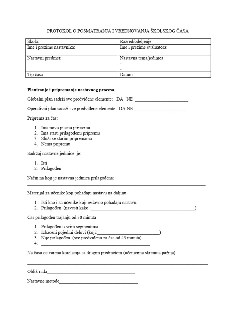 Obrazac Za Pracenje Skolskog Casa | PDF