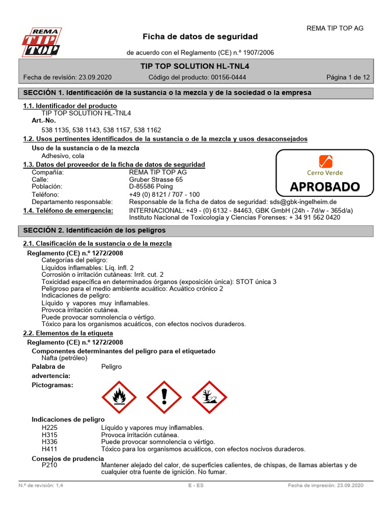 1.4. FDS Tip Top Solution HL TNL4 - Rema Tip Top | PDF | Toxicología ...