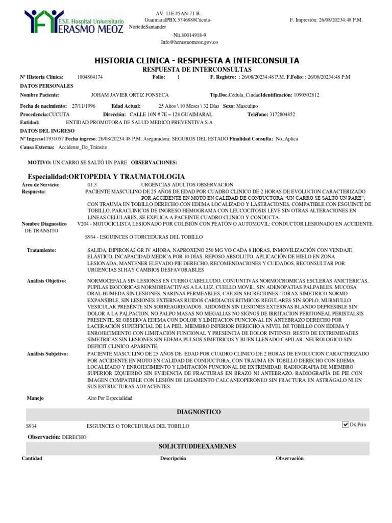 Historia Clinica Johan Javier Ortiz Fonseca | PDF | Tobillo | Lesión