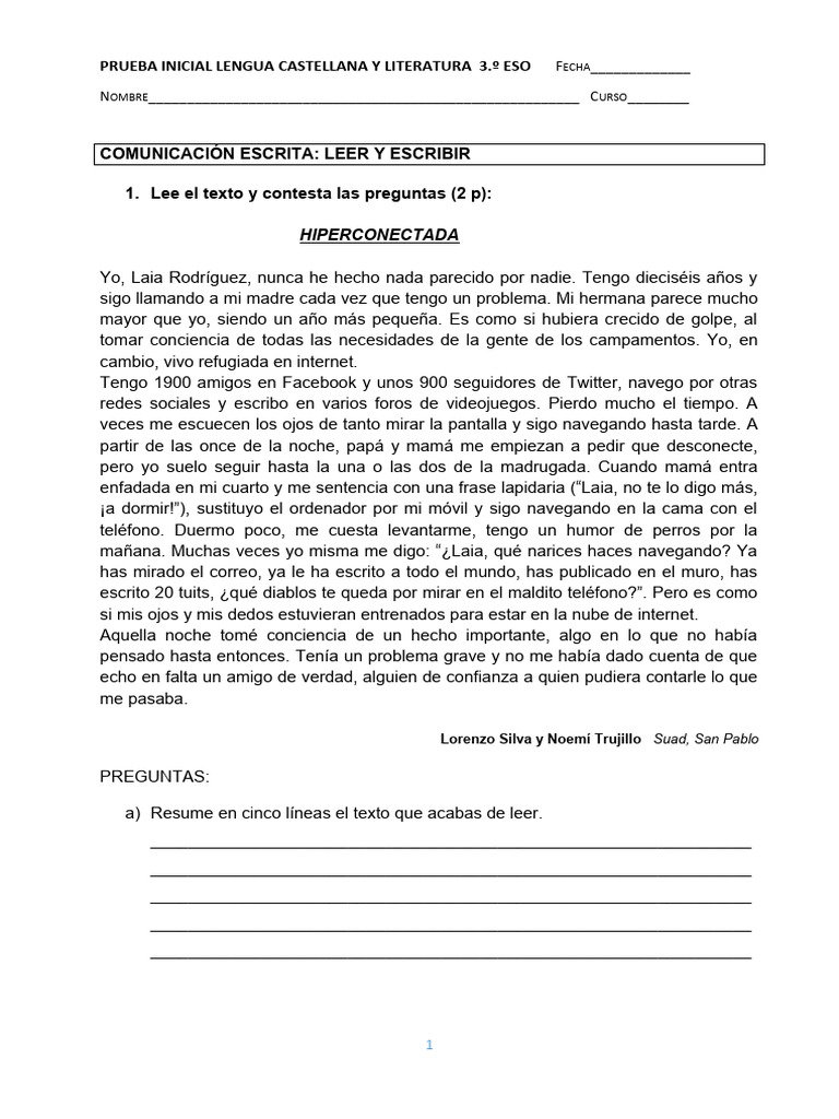 Prueba Inicial 3r ESO Castellano 2023-24 | Descargar gratis PDF ...