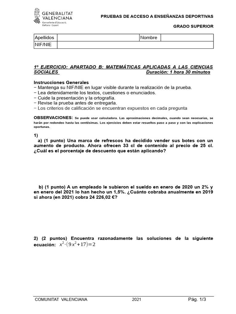 1er Ejercicio. Apartado B. Matem Ticas. GS | PDF | Matemáticas
