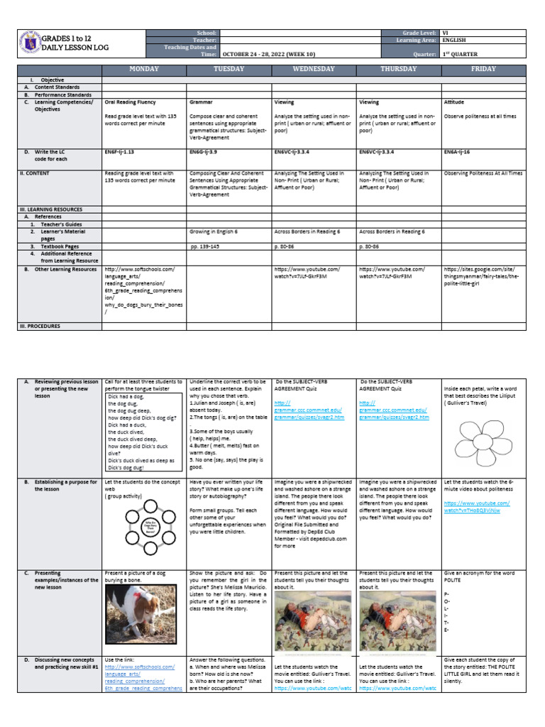 DLL - English 6 - Q1 - W10 | PDF | Reading Comprehension | Grammar