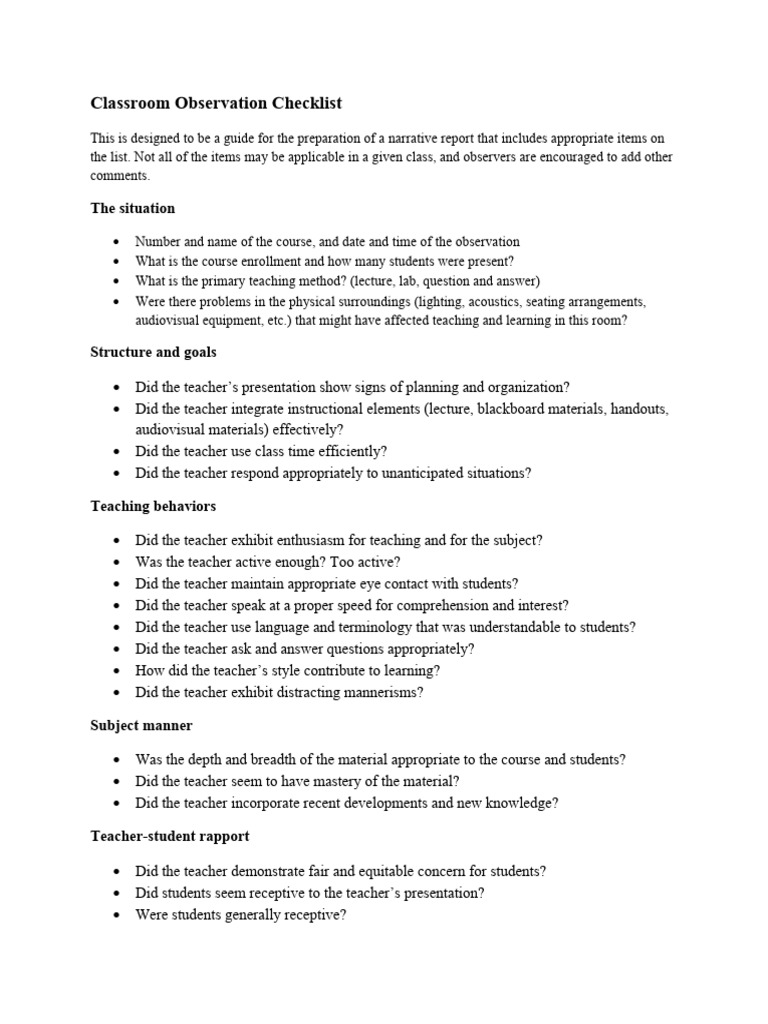 Teacher Classroom Observation Checklist Example | PDF | Wellness