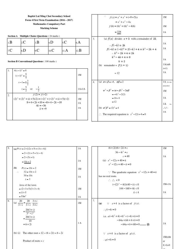 1617 Form 4 Math First Term Examination Marking Scheme | PDF | Abstract Algebra | Mathematics