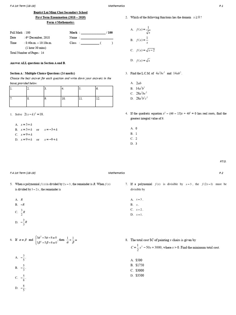 2018-19 F4 1st Term Exam | PDF | Applied Mathematics | Mathematical Analysis