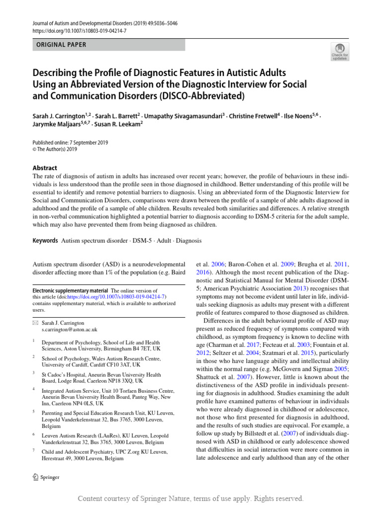 Describing The Profile of Diagnostic Features in A | PDF | Autism ...
