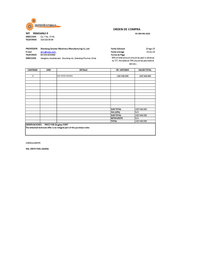 Anexo 1 OC SECADOR SENSITAR | PDF | Electric Motor | Packaging And Labeling