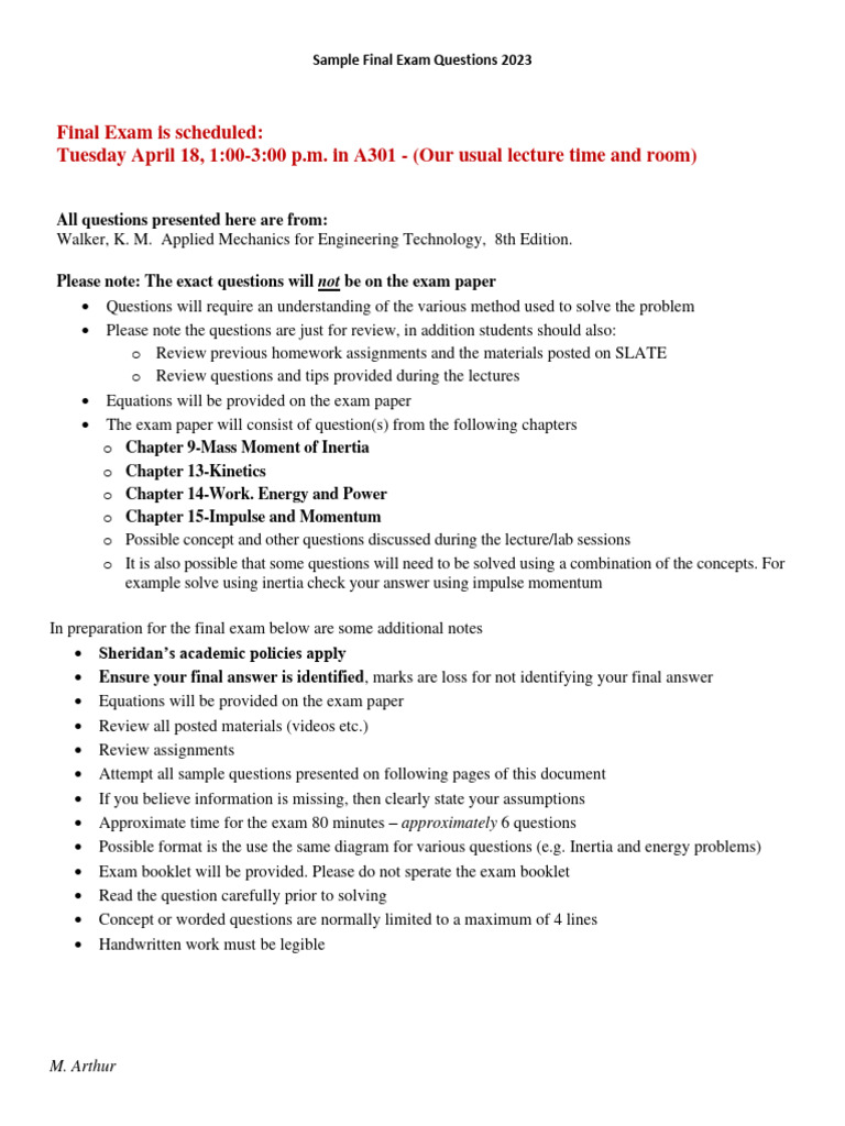 Dynamics Sample Final Exam Questions With Answers 2023 | Download Free ...