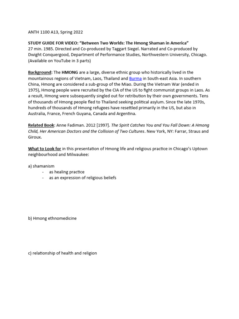 2022 03-28 Study Guide For The Hmong Shaman in America | PDF | Hmong People