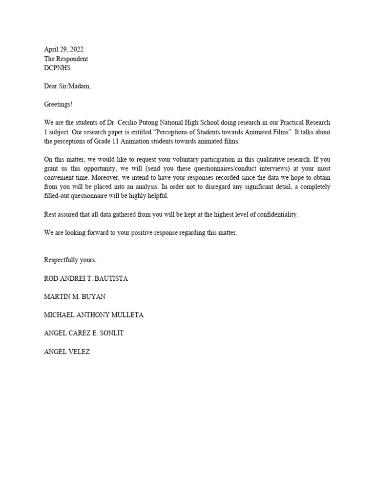 Letter To The Respondents - Sample | PDF