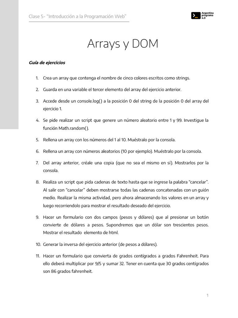 Guía de Ejercicios - Clase 5 - Arrays y DOM | PDF | Ciencias de la Computación | Software