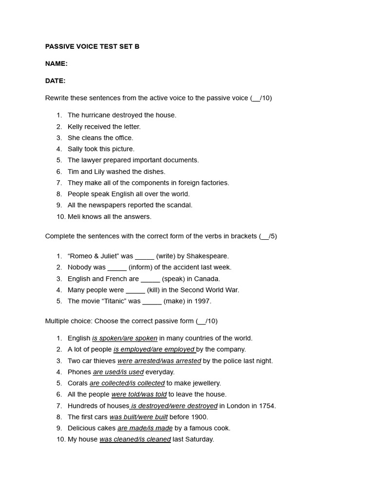 Passive Voice Test Sample Set B | PDF