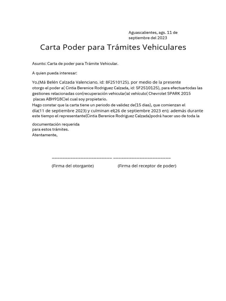 Carta Poder para Tramites Vehiculares - PDF 20230910 203555 0000 | PDF