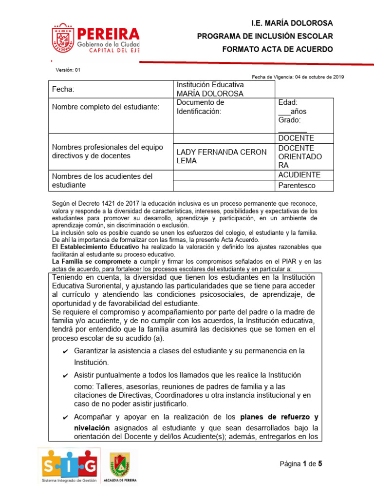 Formato Acuerdo Md. Anexo 3 Piar | PDF | Inclusión (Educación) | Maestros
