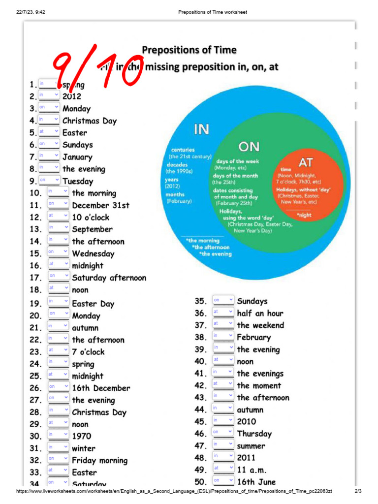 Prepositions of Time Worksheet | PDF