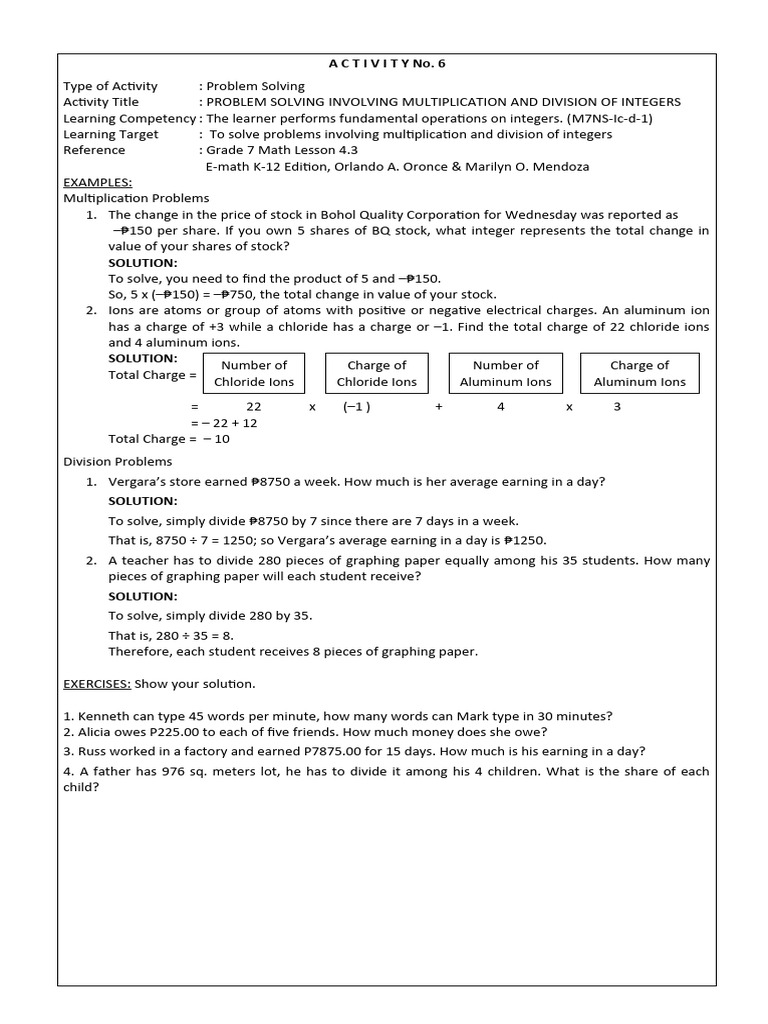 Activity No 6 Problem Solving Involving Mul Div Of Integers Pdf Ion Mathematics 