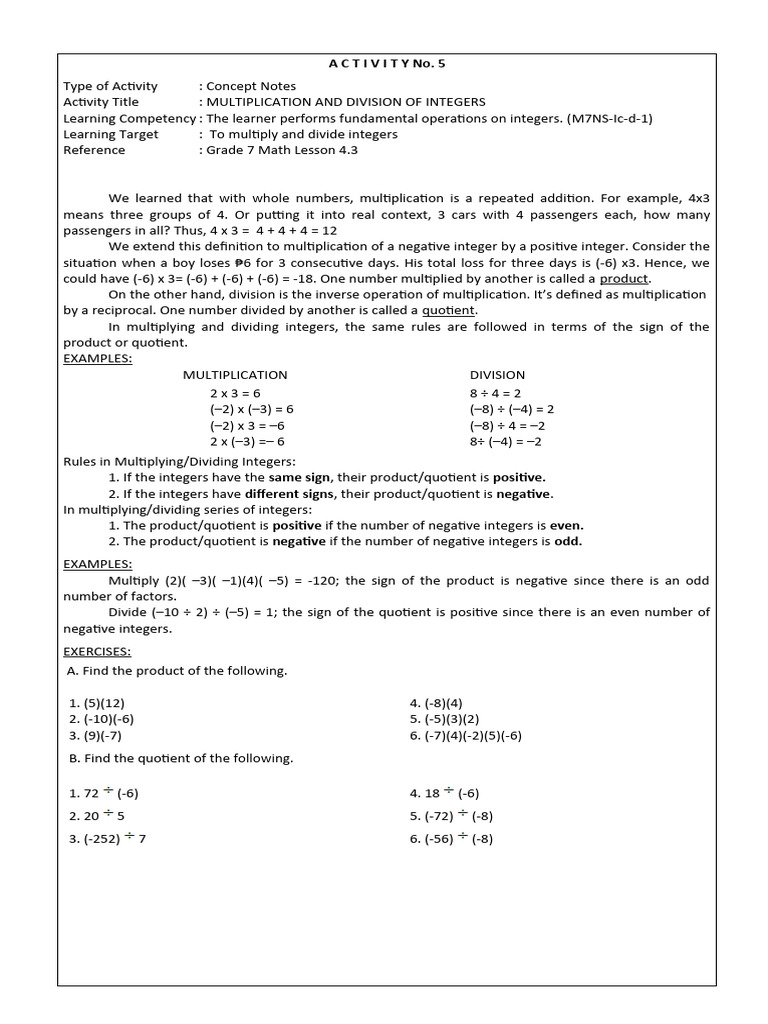 Activity No. 5 Multiplication and Division of Integers | PDF | Division ...