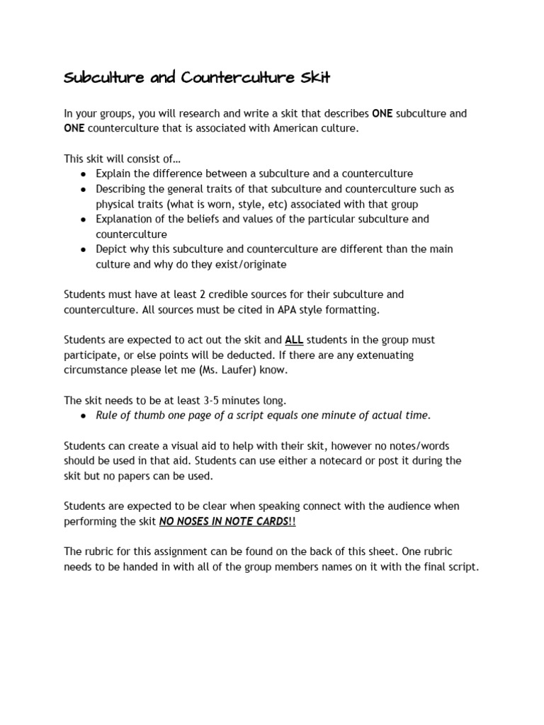 Subculture and Counterculture Skit: One One | PDF