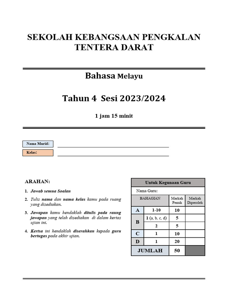 SOALAN UPSA - Tahun-4 - 2023-24 | PDF