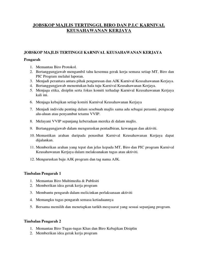 Bidang Tugas MT, Biro Dan PIC | PDF
