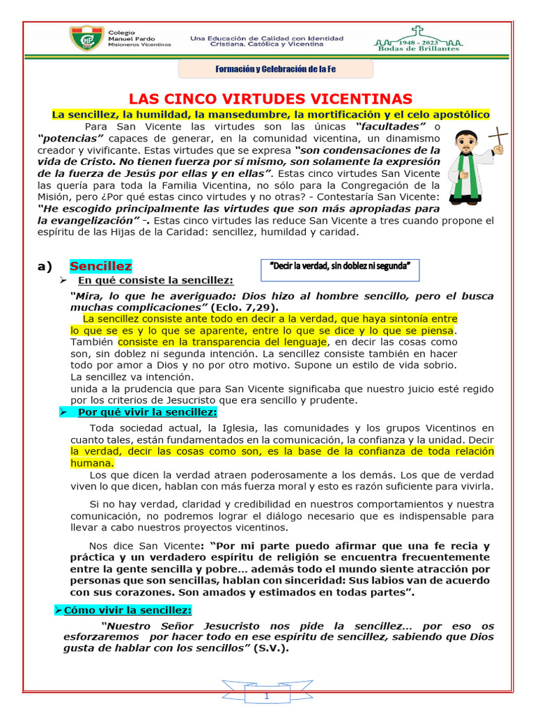 Fichainformativa Las Virtudes de SVP 1ero FYCF | PDF | Ascetismo | Verdad