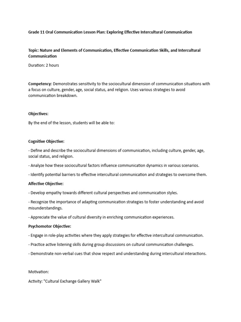 Grade 11 Intercultural Communication Plan | PDF | Communication | Cross ...