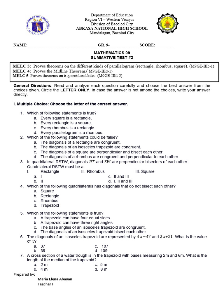 G9 - Summative Test 1 - Melc 3 | PDF | Rectangle | Perpendicular