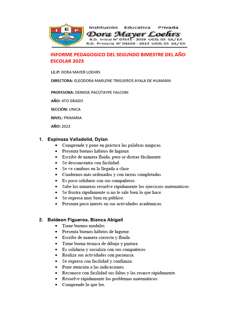 Informe Pedagogico de Inicio Del Año Escolar 2022 Modificado | PDF