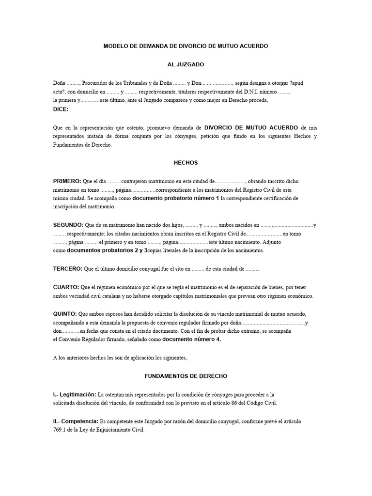 Modelo Demanda Divorcio Mutuo Acuerdo | PDF | Divorcio | Matrimonio