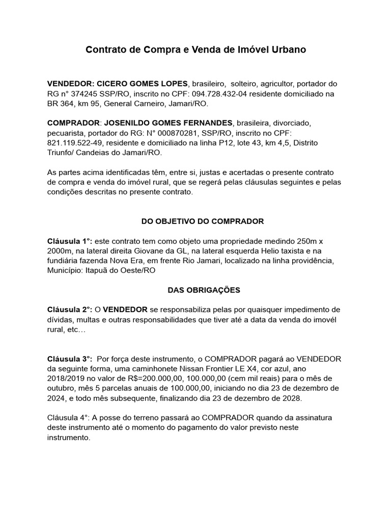 Contrato de Compra e Venda de Imóvel Rural Joel - Documentos Google | PDF