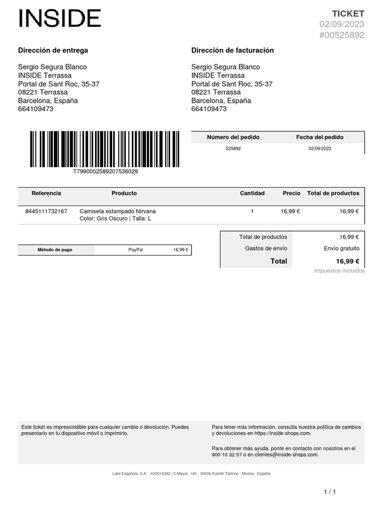 Ticket de compra camiseta Nirvana | PDF