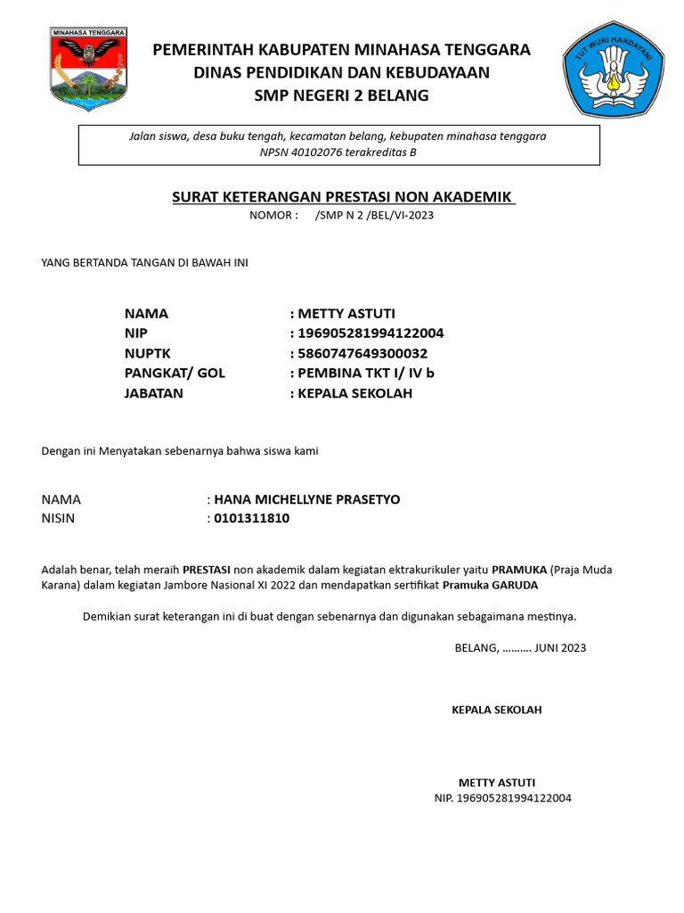 Surat Keterangan Prestasi Non Akademiik | PDF