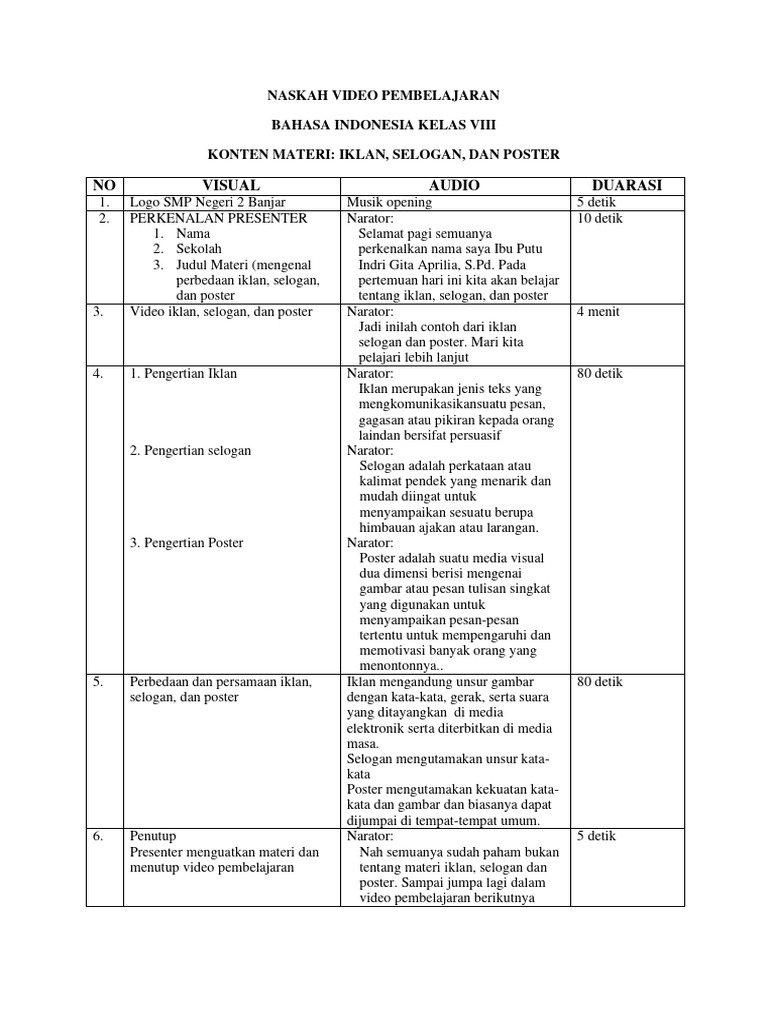 NASKAH VIDEO PEMBELAJARAN Bahasa Indonesia | PDF