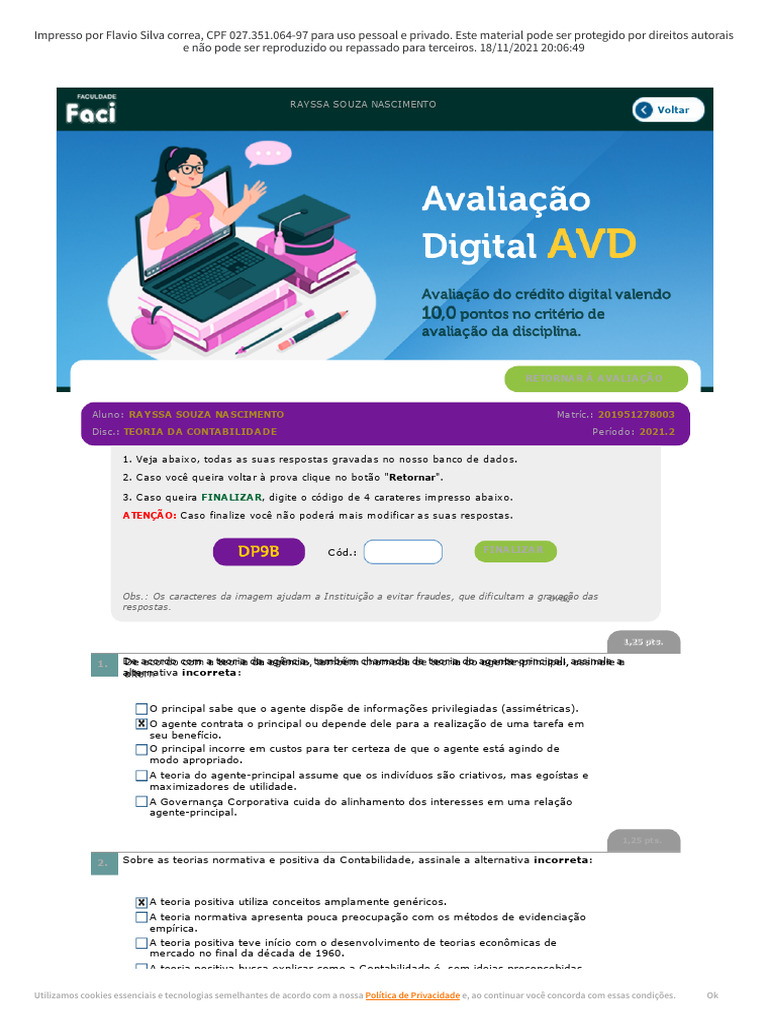 TEORIA DA CONTABILIDADE - AVD - Passei Direto | PDF | Contabilidade | Economia