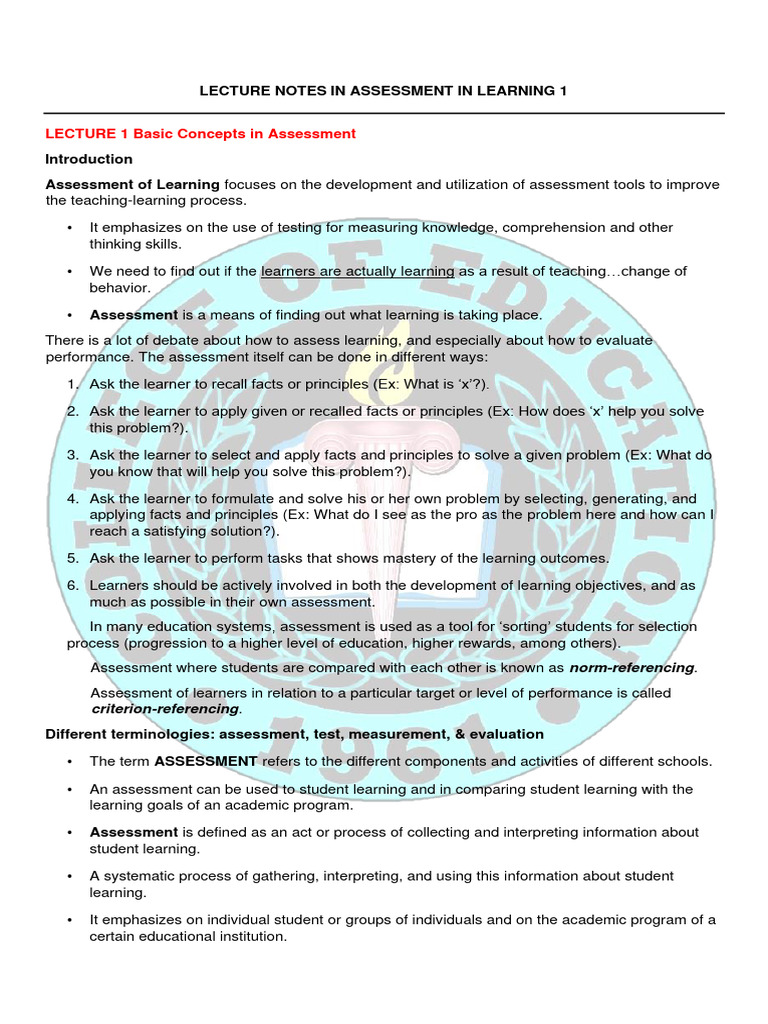 LECTURE NOTES 1 - ASSESSMENT IN LEARNING 1 Final | PDF | Educational ...