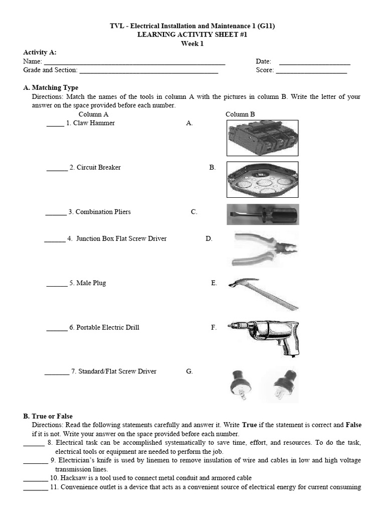 Tvl Electrical Installation And Maintenance 1 G11 Learning Activity Sheet 1 Week 1 Activity 