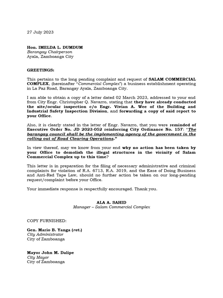 Letter To Brgy. Ayala - Salam Commercial Complex03 | PDF