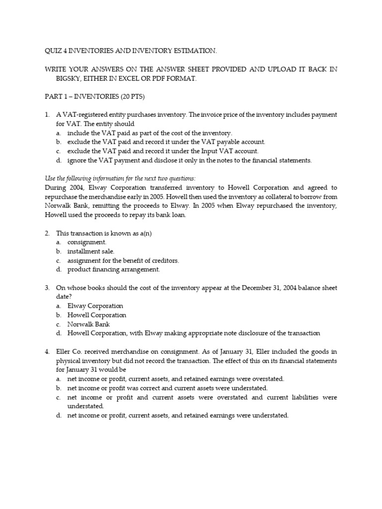 Quiz 4 Inventories and Inventory Estimation | PDF | Cost Of Goods Sold ...