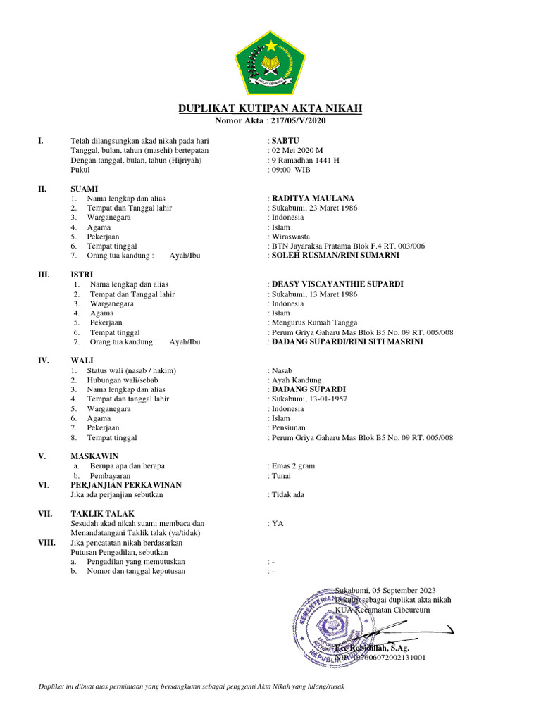 Duplikat Akta Nikah Cibeureum | PDF