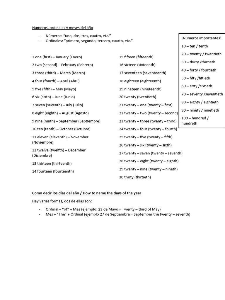 (1) Numbers, ordinals and months of the year | PDF